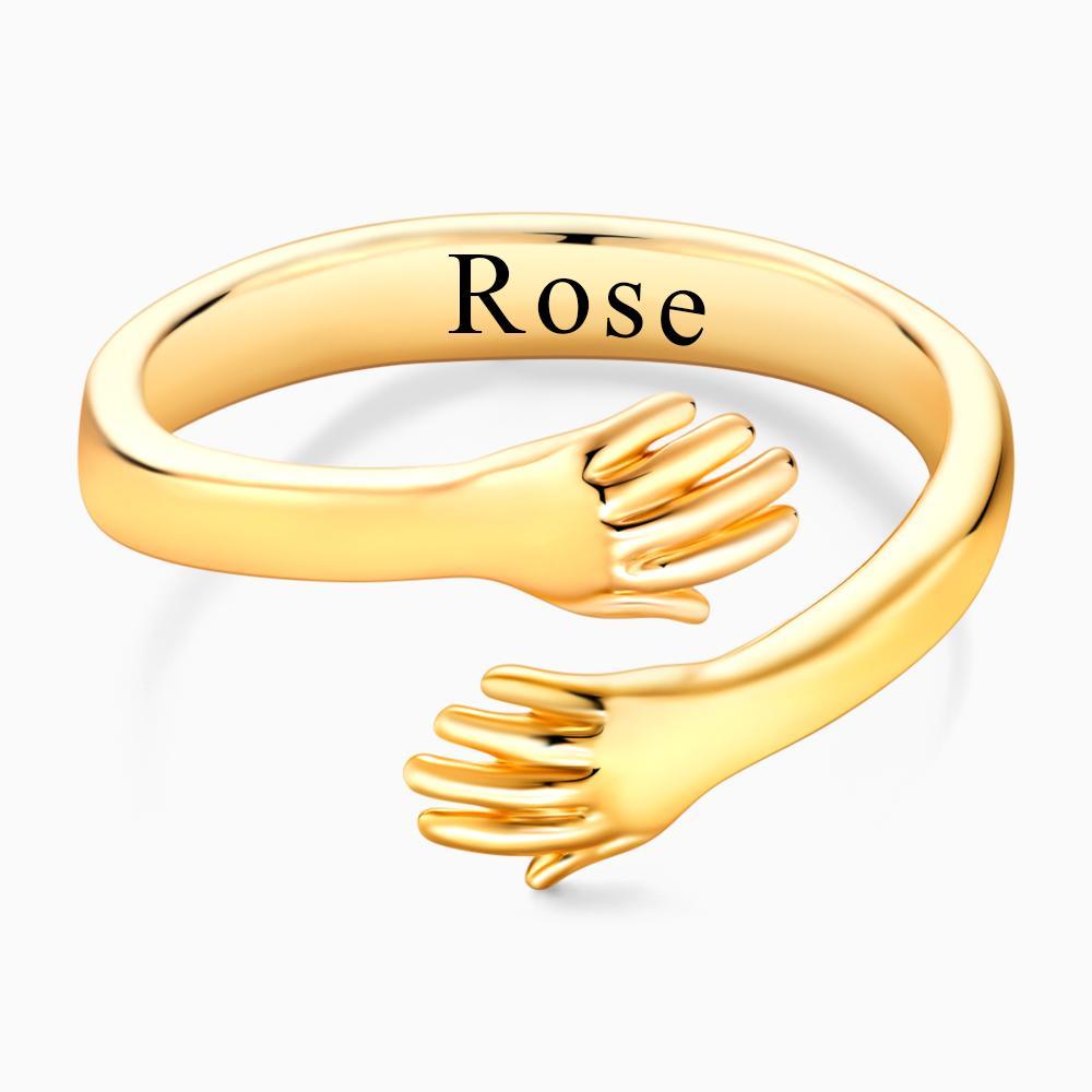 Custom Name Hug Rings Engraved Hugging Hands Open Ring Stainless Steel ...