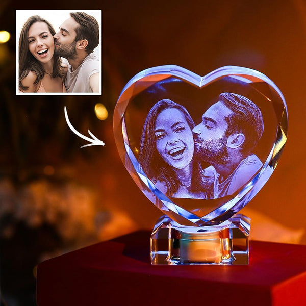 3D Laser Engraved Heart Crystal Photo Frame with Light Up LED Base ...
