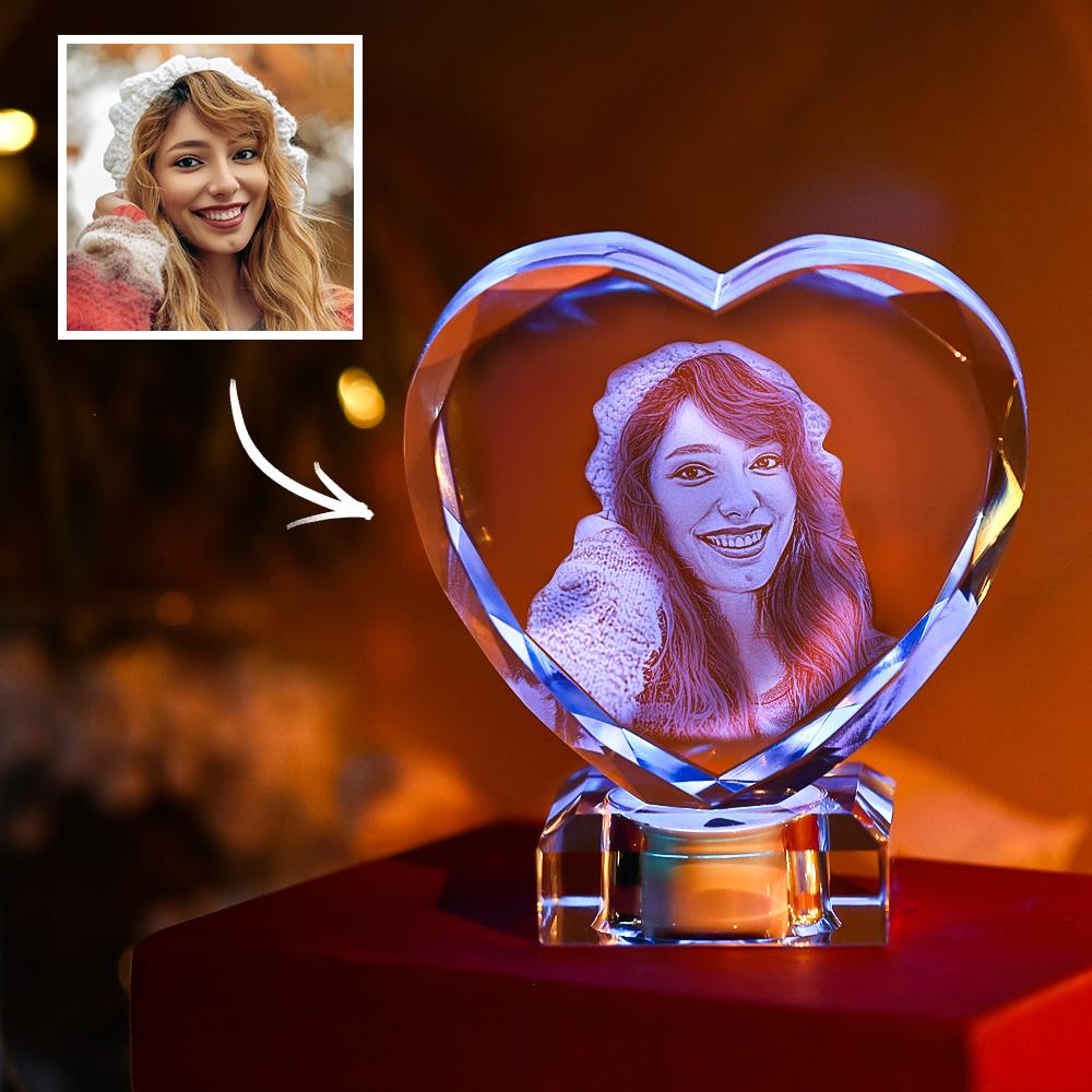 3D Laser Engraved Heart Crystal Photo Frame with Light Up LED Base ...