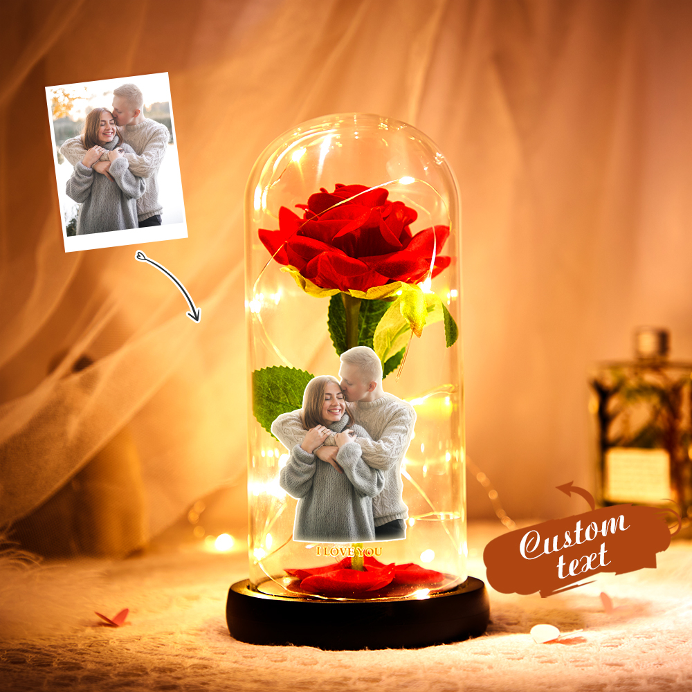Custom Photo Text Led Night Light Glass Cover Eternal Red Rose Flower ...