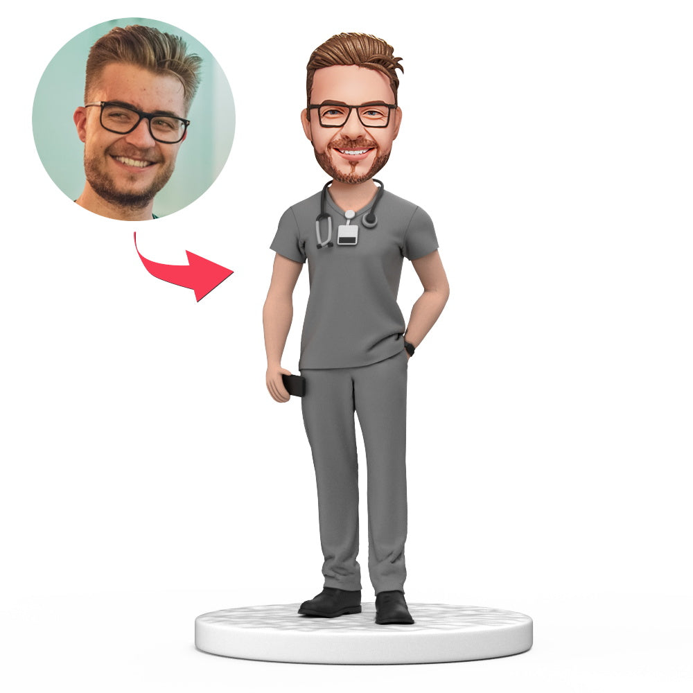 Custom Male Doctor Bobblehead in Grey Scrubs with Engraved Text ...