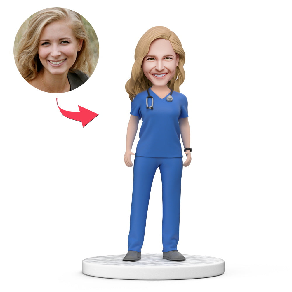 Custom Female Doctor Bobblehead in Blue Scrubs with Engraved Text ...