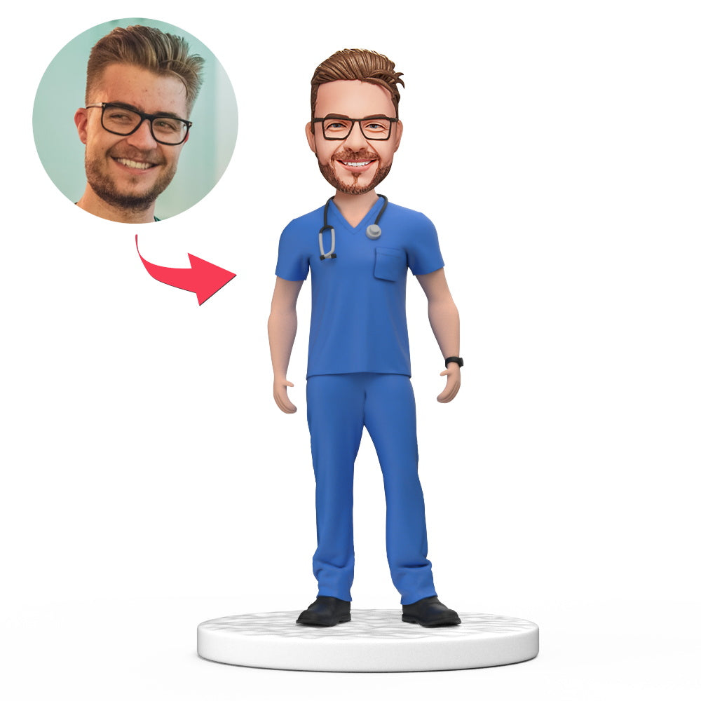 Custom Male Doctor Bobblehead in Blue Scrubs with Engraved Text ...