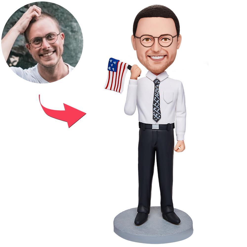 Business Man Holding An American Flag Custom Bobbleheads With Engraved ...