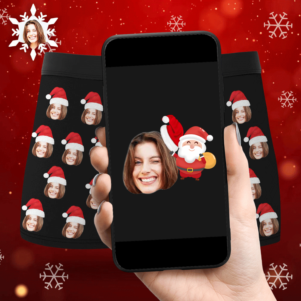 Custom Face Boxers Shorts With Christmas Hat Personalized Photo Custom Face Boxers Shorts With Christmas Hat Personalized Photo