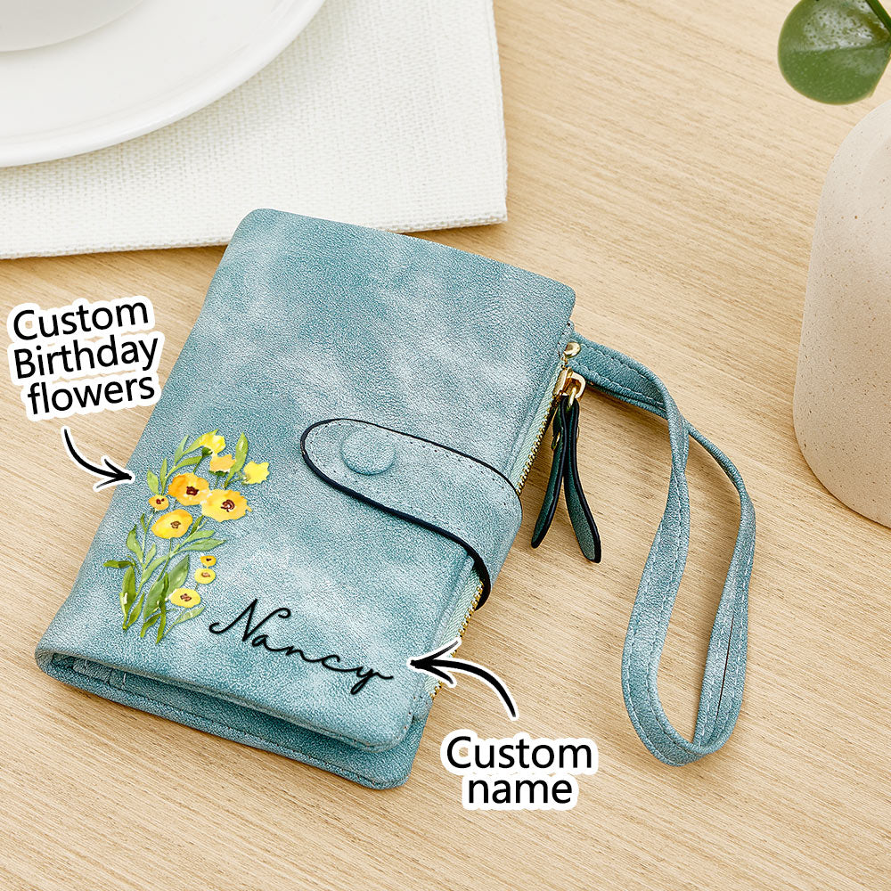 Personalized Name Colorful Birth Flower Wallet Card Holder Birthday ...