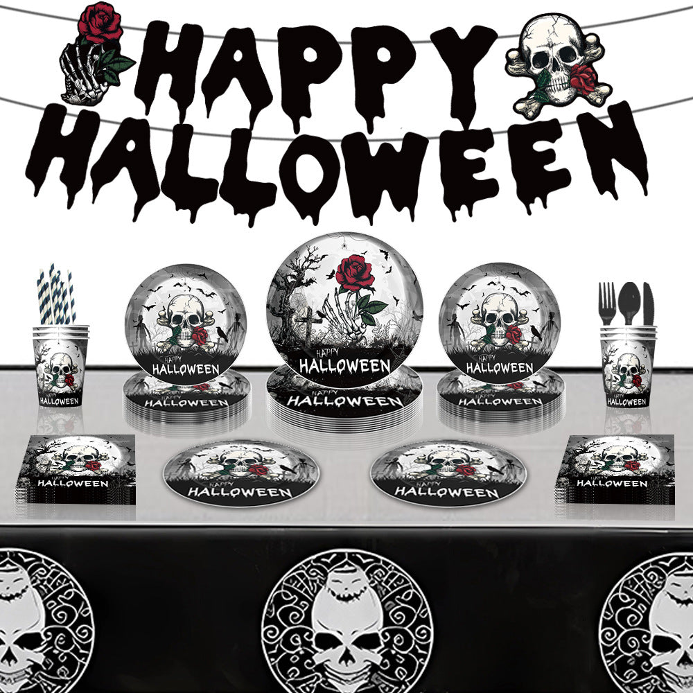 Halloween Skull Design Disposable Tableware Tablecloth Banner Kits ...
