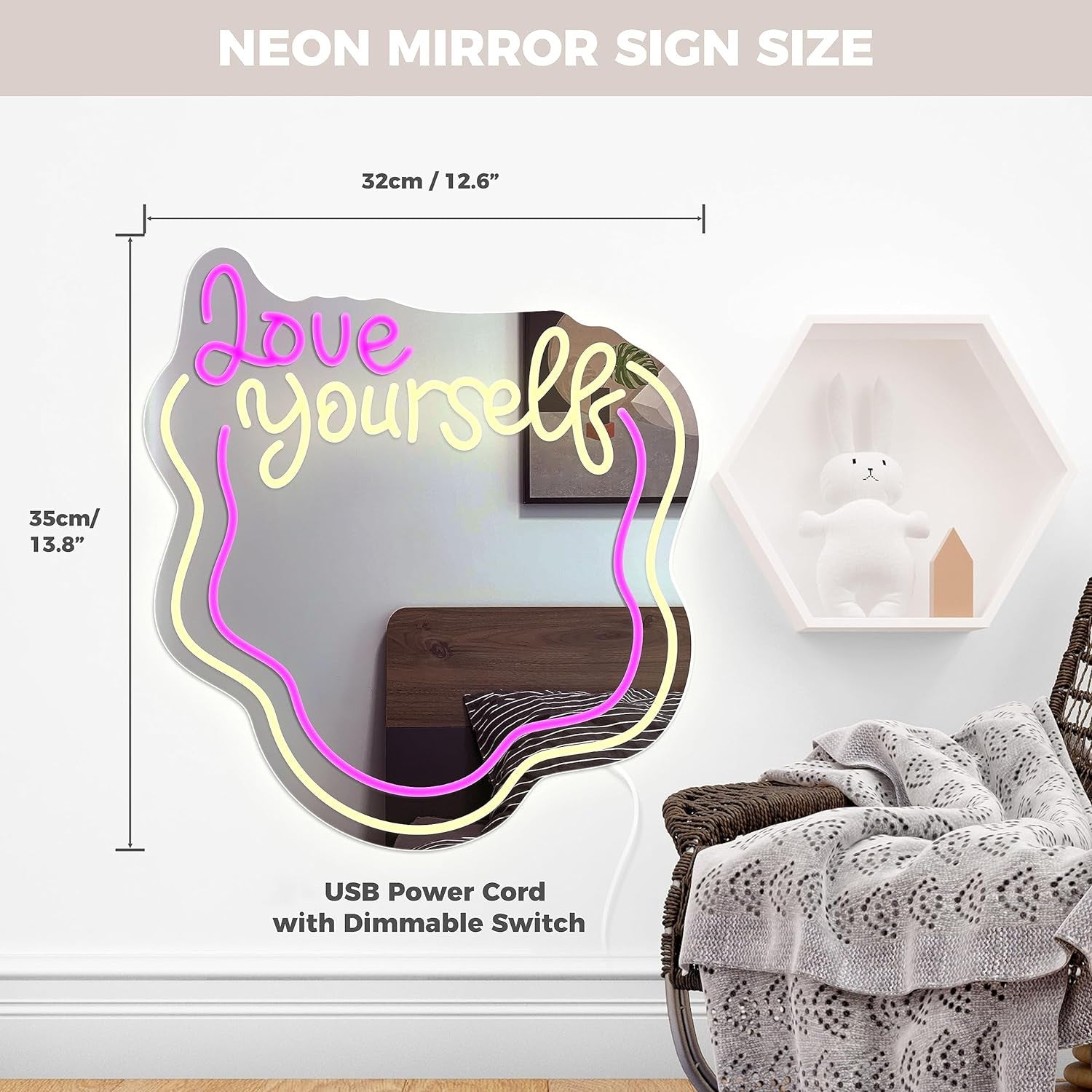 Love Yourself Mirror Light for Wall Wavy Neon Mirror LED Dimmable Light ...