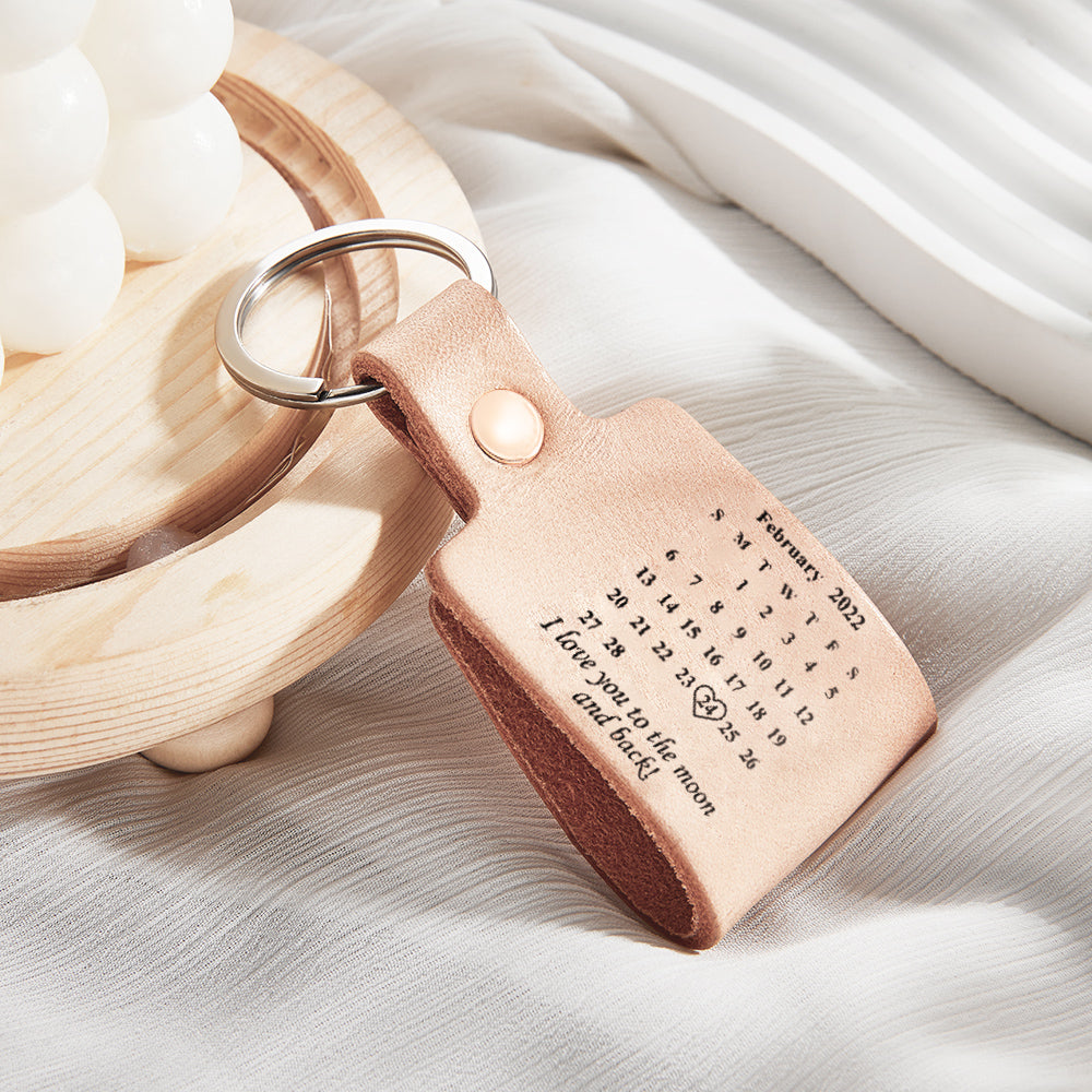 Personalized Calendar Leather Keychain Custom Engraved Date Elegant ...