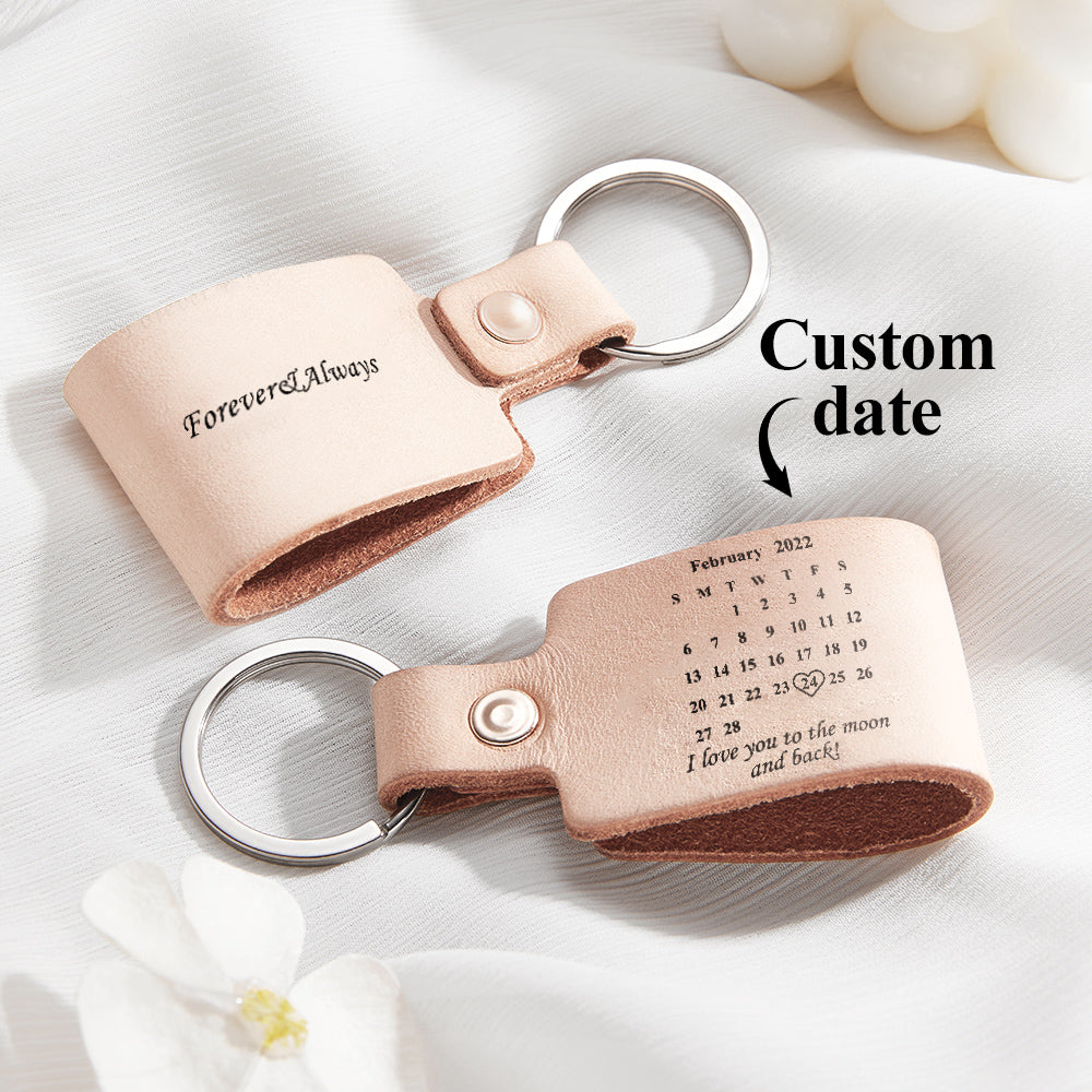 Personalized Calendar Leather Keychain Custom Engraved Date Elegant ...